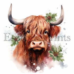 Watercolor Christmas Highland Cow Clipart, Winter, Holiday, Xmas ...