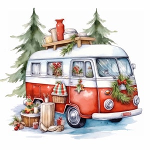 Watercolor Christmas Camper Van Clipart, High Quality JPG, Camper Clip ...