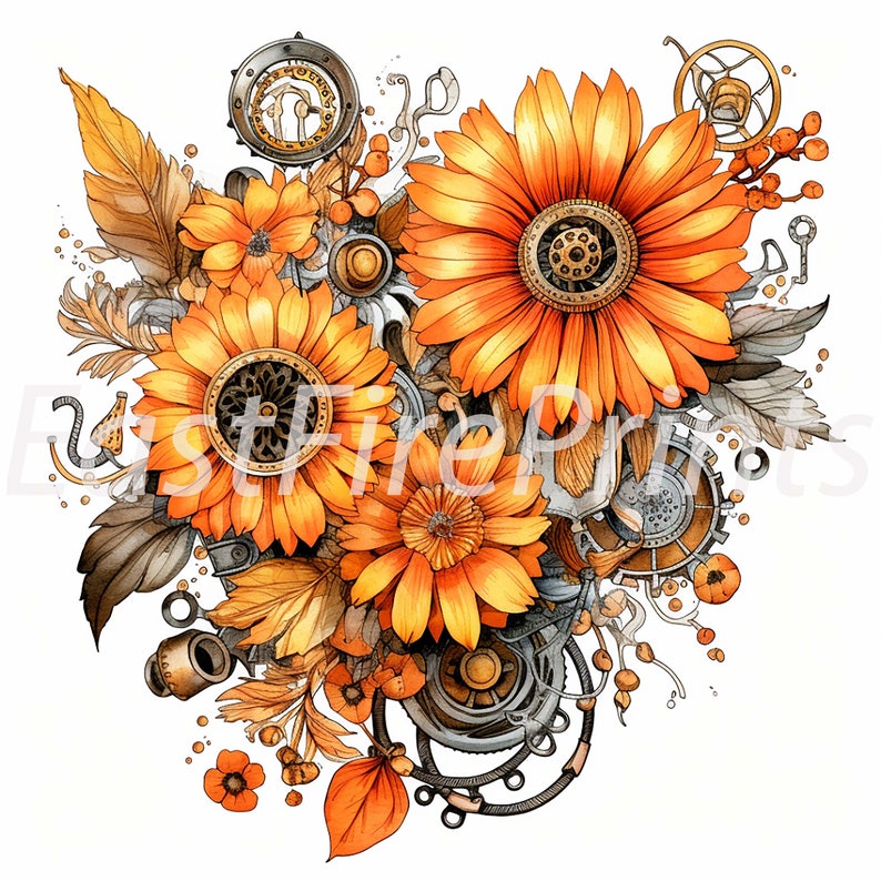 20 Steampunk Flowers Watercolor Clipart PNG Steampunk Roses - Etsy