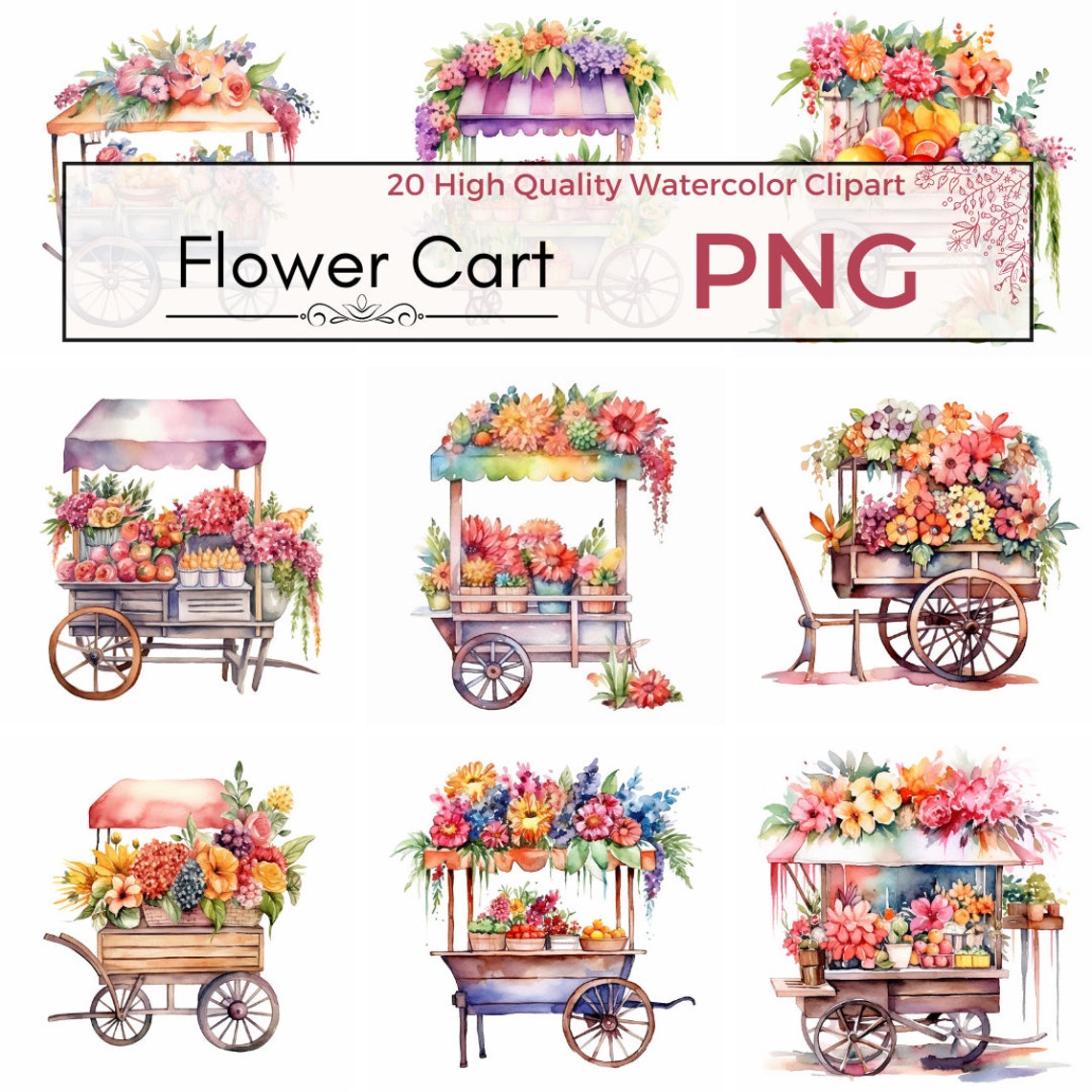 20 Watercolor Floral Flower Cart Clipart Floral Design PNG - Etsy