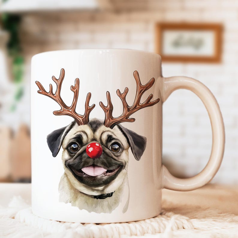 Christmas Pug PNG Clipart, Watercolor Pug Dog Reindeer: Digital ...