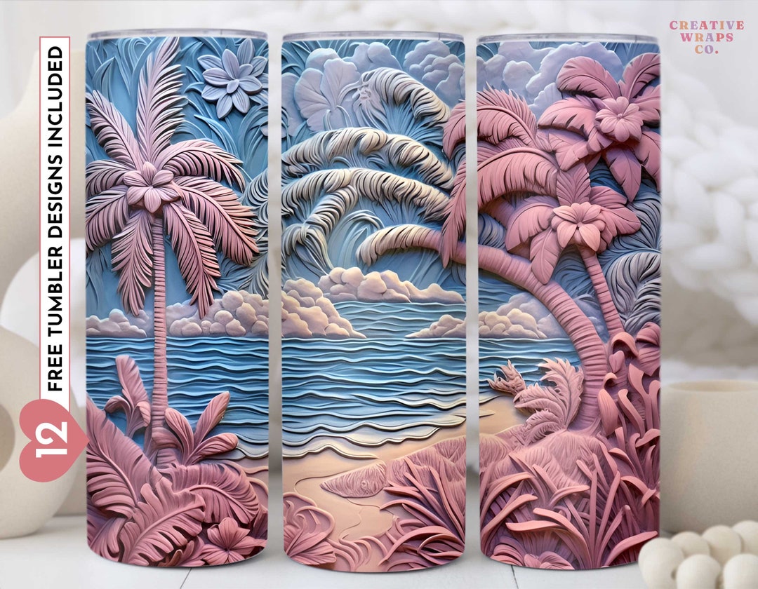 3D Carved Tropical Beach Life Palm Tree 20 Oz Skinny Tumbler ...