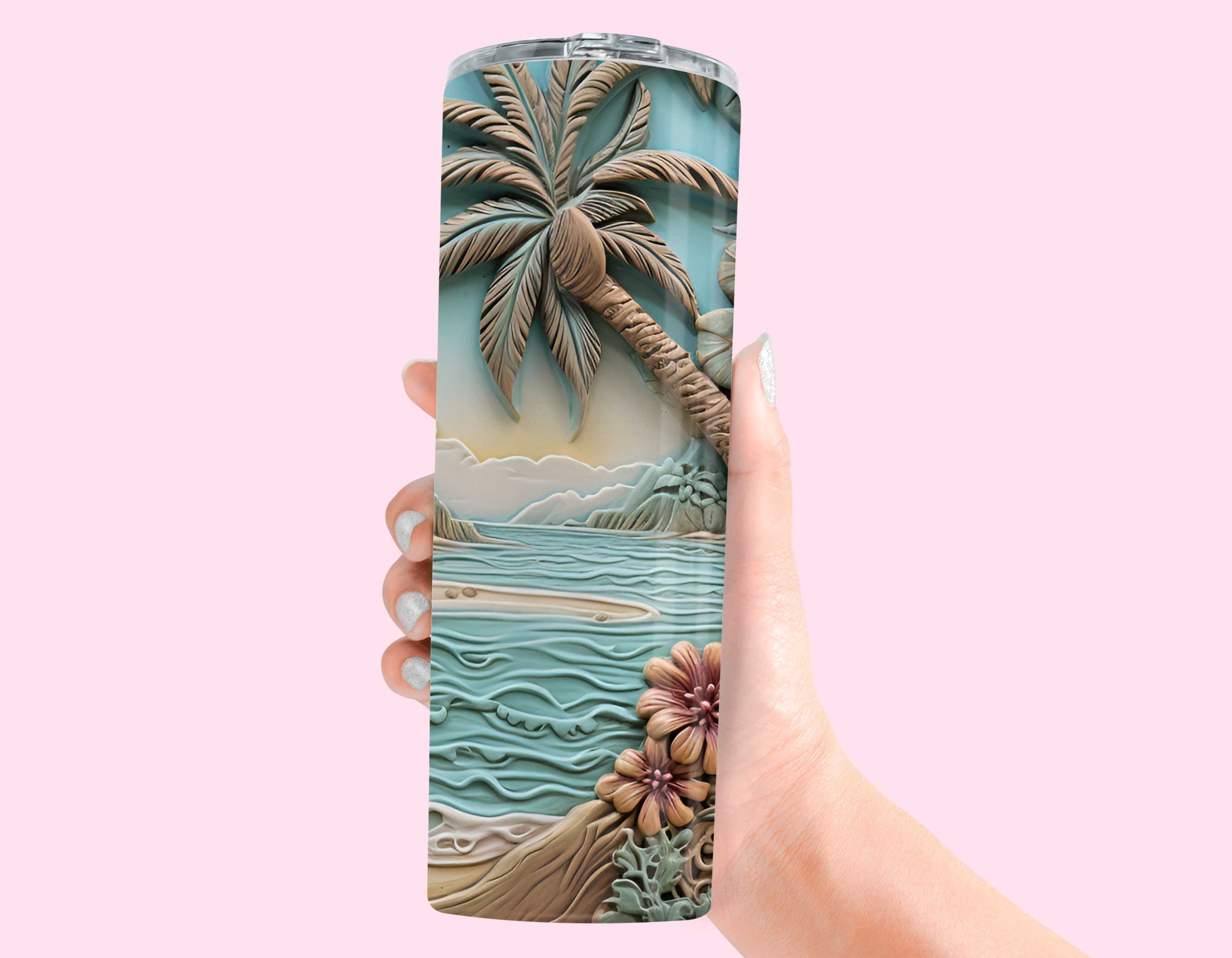 3D Carved Tropical Beach Life Palm Tree 20 Oz Skinny Tumbler ...