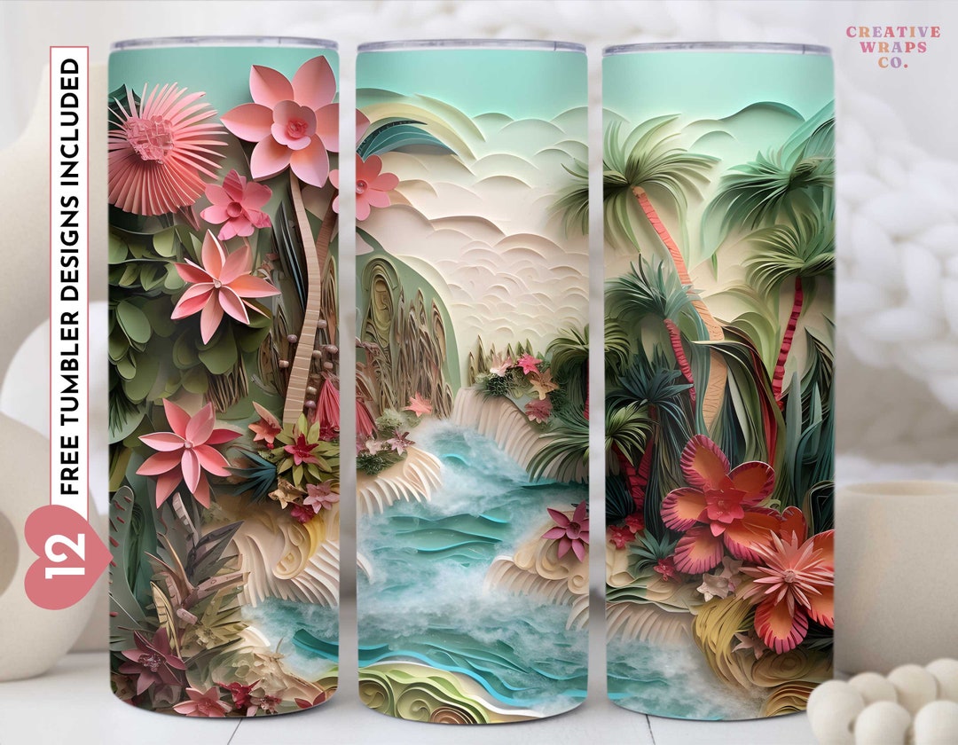 3D Carved Tropical Beach Life Palm Tree 20 Oz Skinny Tumbler ...
