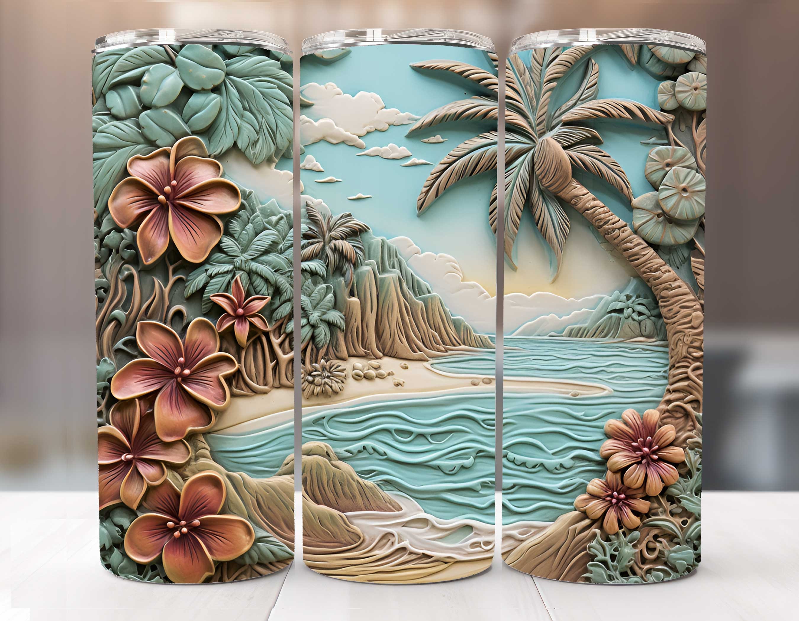 3D Carved Tropical Beach Life Palm Tree 20 Oz Skinny Tumbler ...