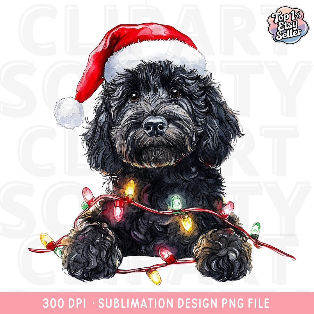 Christmas Goldendoodle Puppy PNG Christmas Lights Santa Black Doodle ...