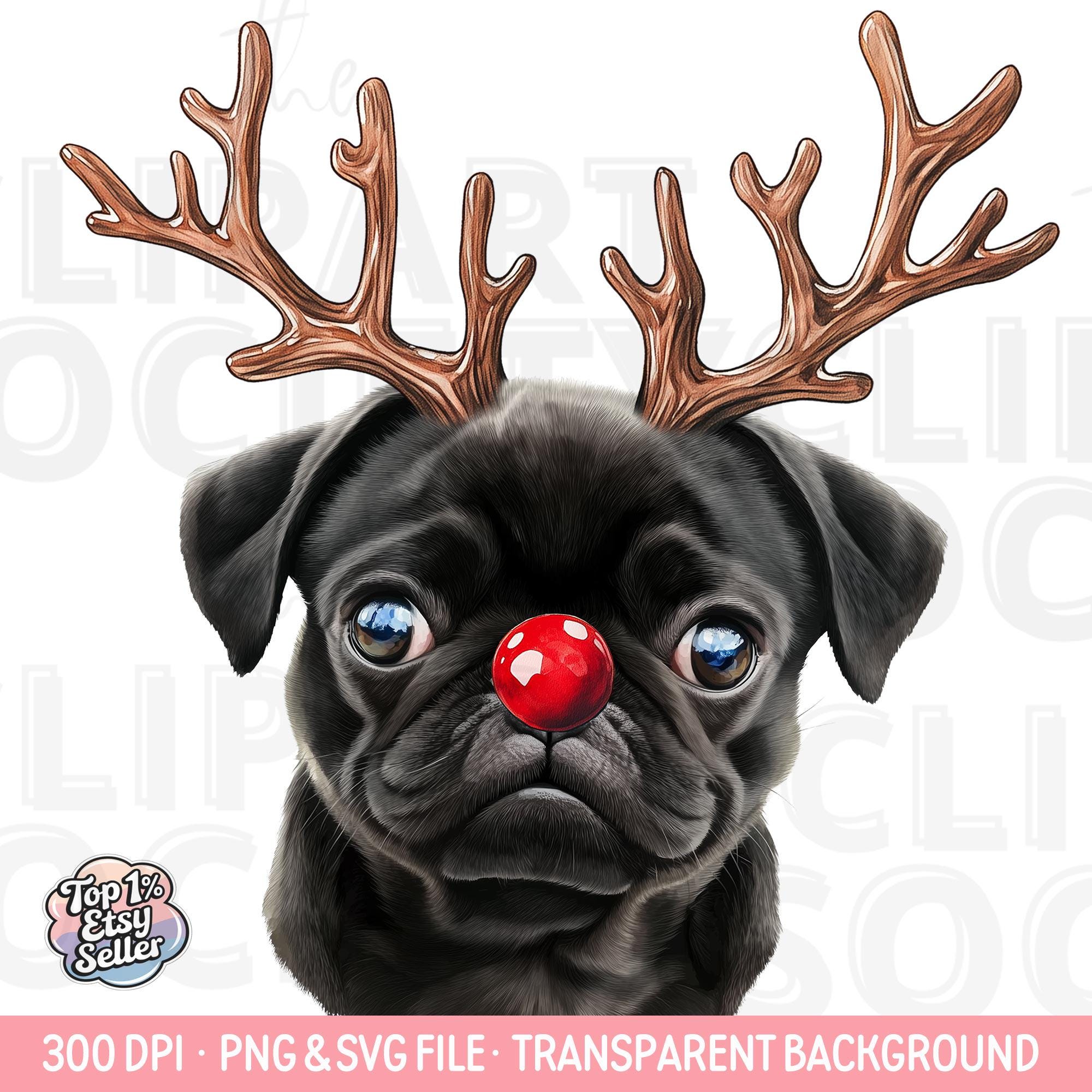 Christmas Black Pug PNG Clipart, Watercolor Black Pug Dog Reindeer ...