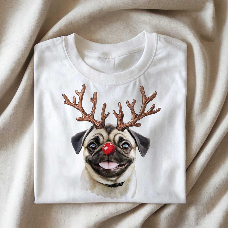 Christmas Pug PNG Clipart, Watercolor Pug Dog Reindeer: Digital ...