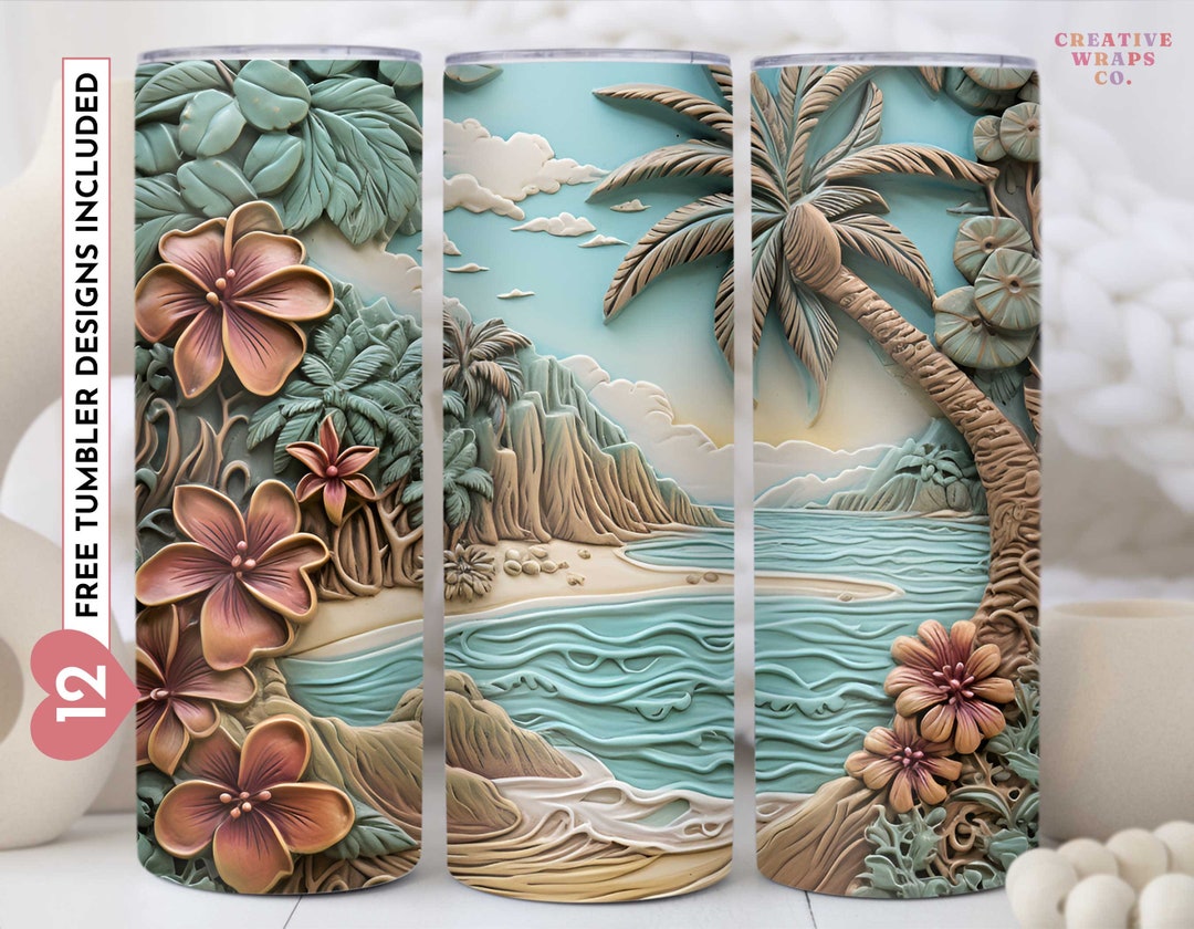 3D Carved Tropical Beach Life Palm Tree 20 Oz Skinny Tumbler ...