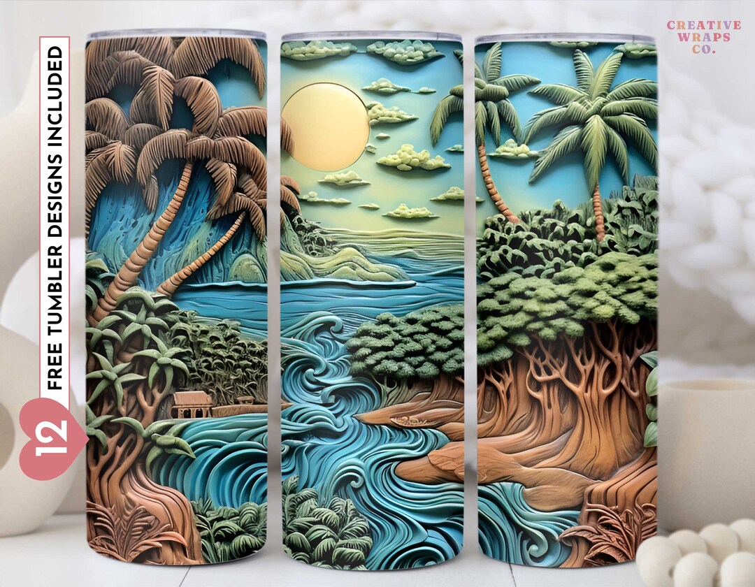 3D Carved Tropical Beach Life Palm Tree 20 Oz Skinny Tumbler ...
