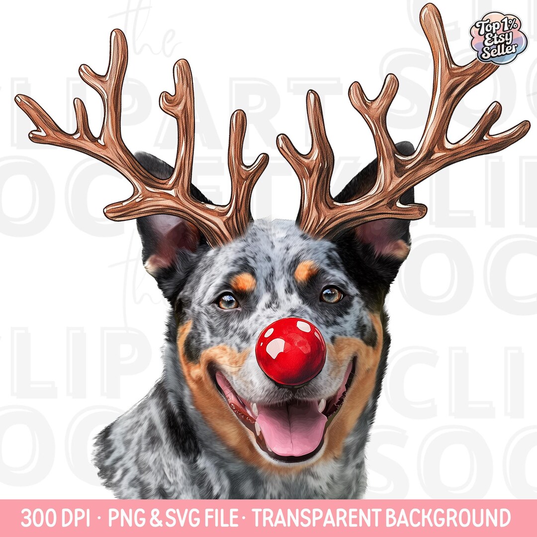 Christmas Blue Heeler PNG Clipart, Watercolor Reindeer Dog - Digital ...