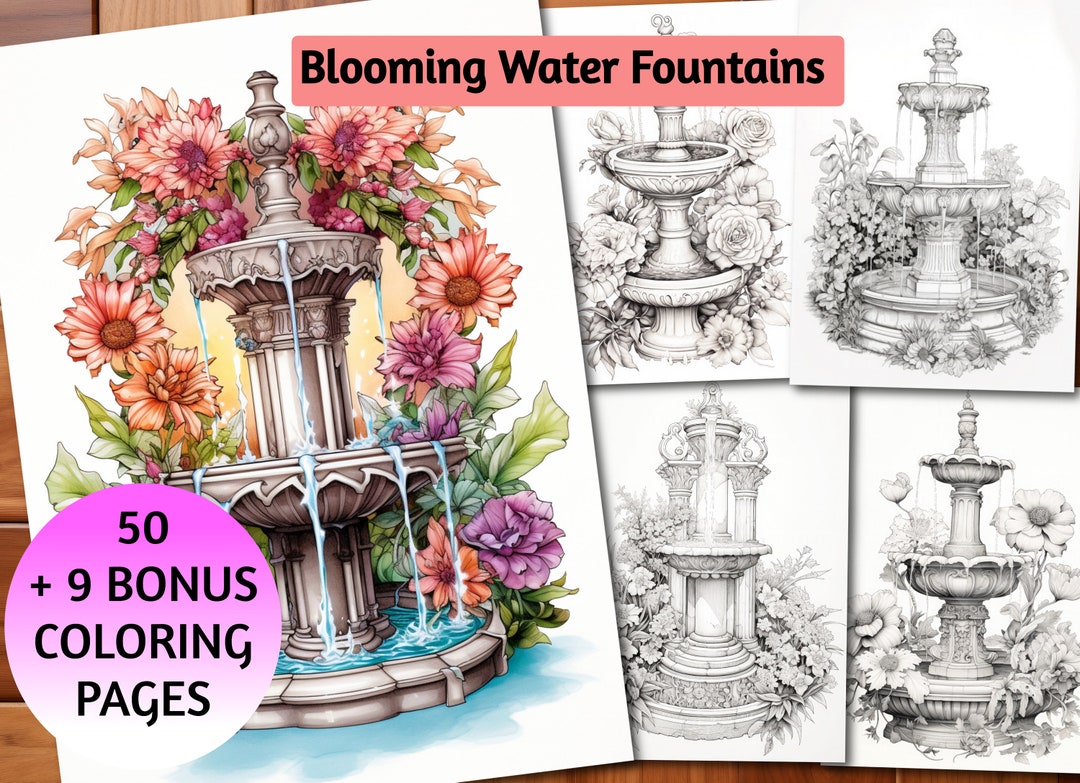 59 Blooming Fountains Coloring Book, Adults Kids Instant Download ...