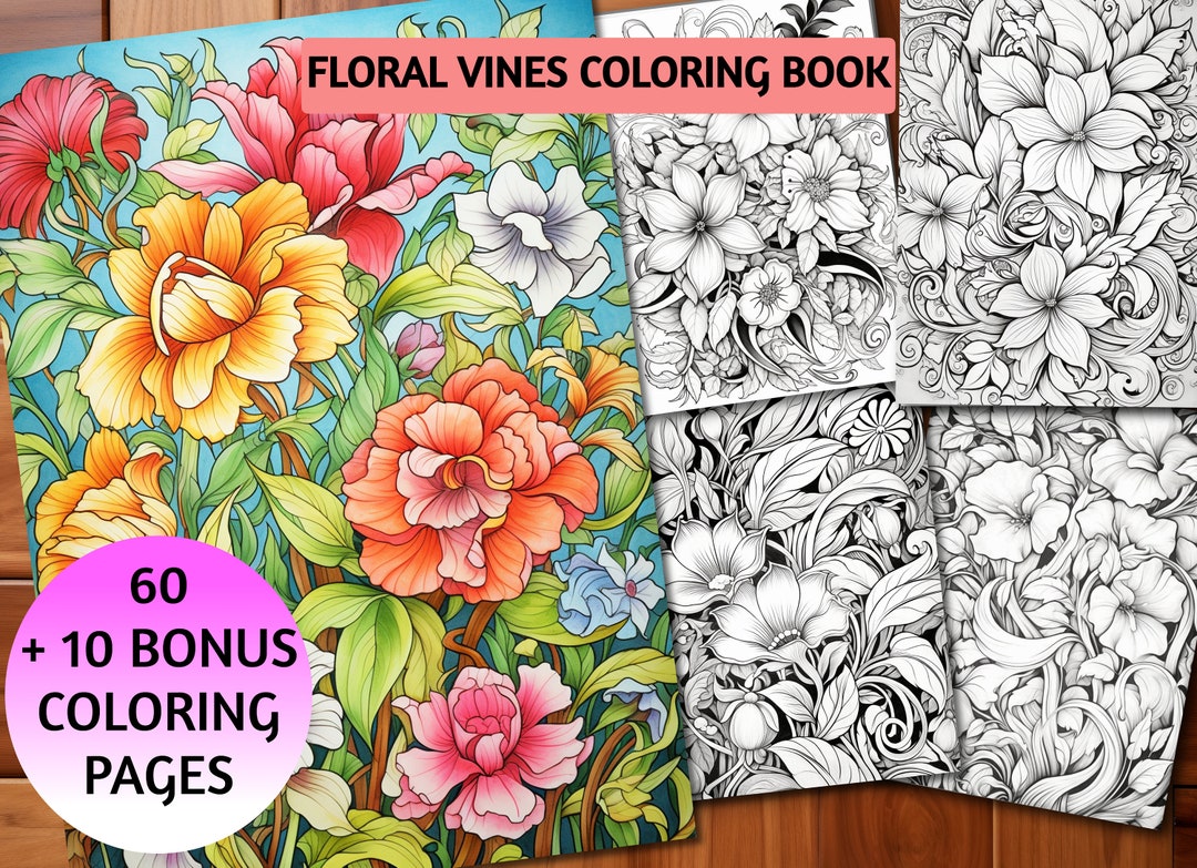 70 Floral Vines Coloring Book, Adults Kids Instant Download - Grayscale ...