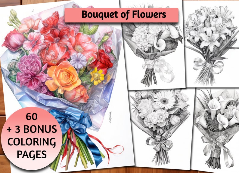 63 Flower Bouquet Collection Coloring Page, Adults + Kids- Instant ...