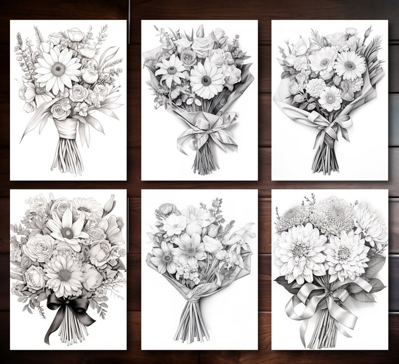 63 Flower Bouquet Collection Coloring Page, Adults Kids Instant ...