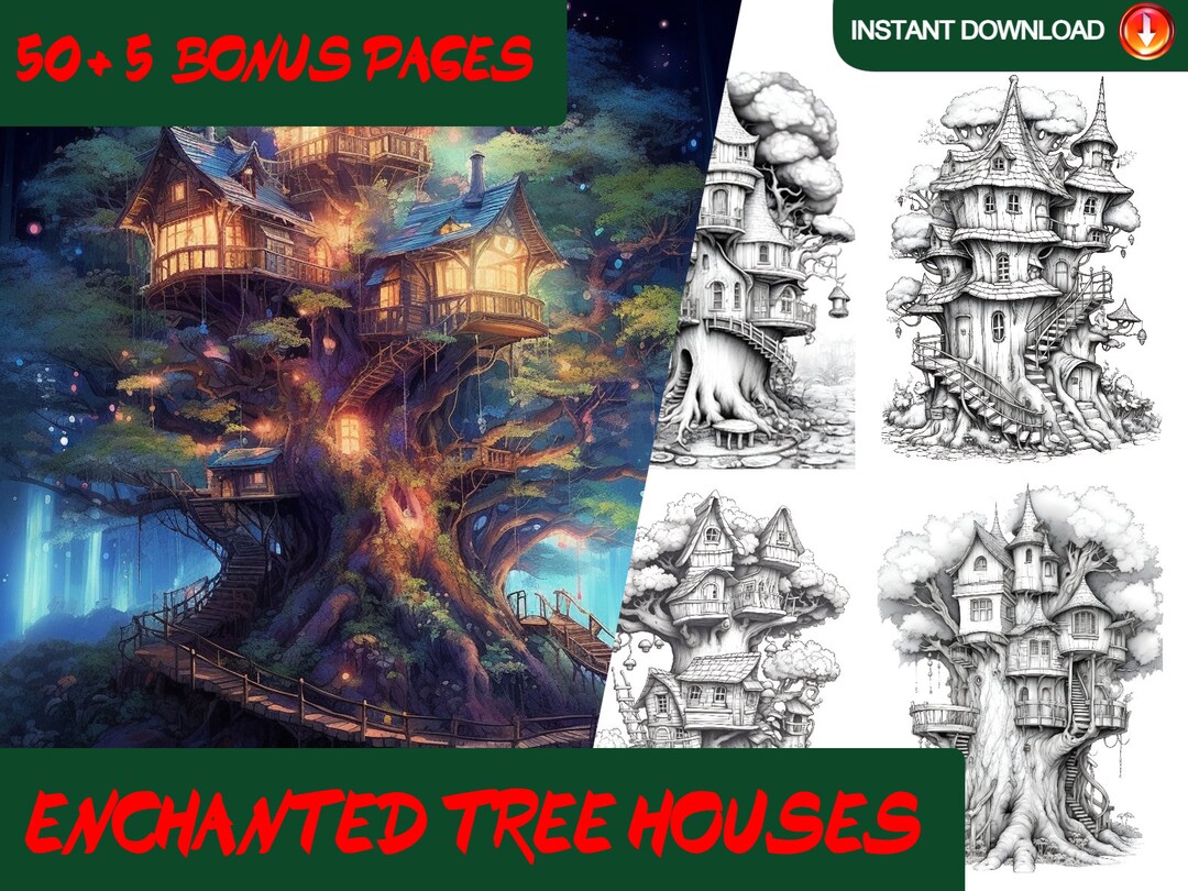 55 Enchanted Treehouse Coloring Book - Adults Kids Coloring Pages ...