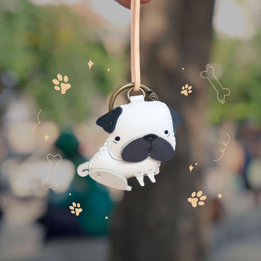 Pug Dog Leather Bag Charm, Unique Bag Charm, Cute Key Chain, Handmade ...