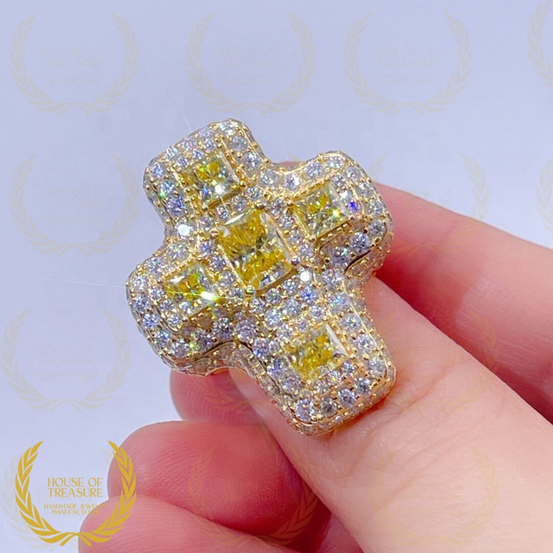 Fully Iced Out Micro Insert Cross Shape 17.45CTW Round and Cushion Cut ...