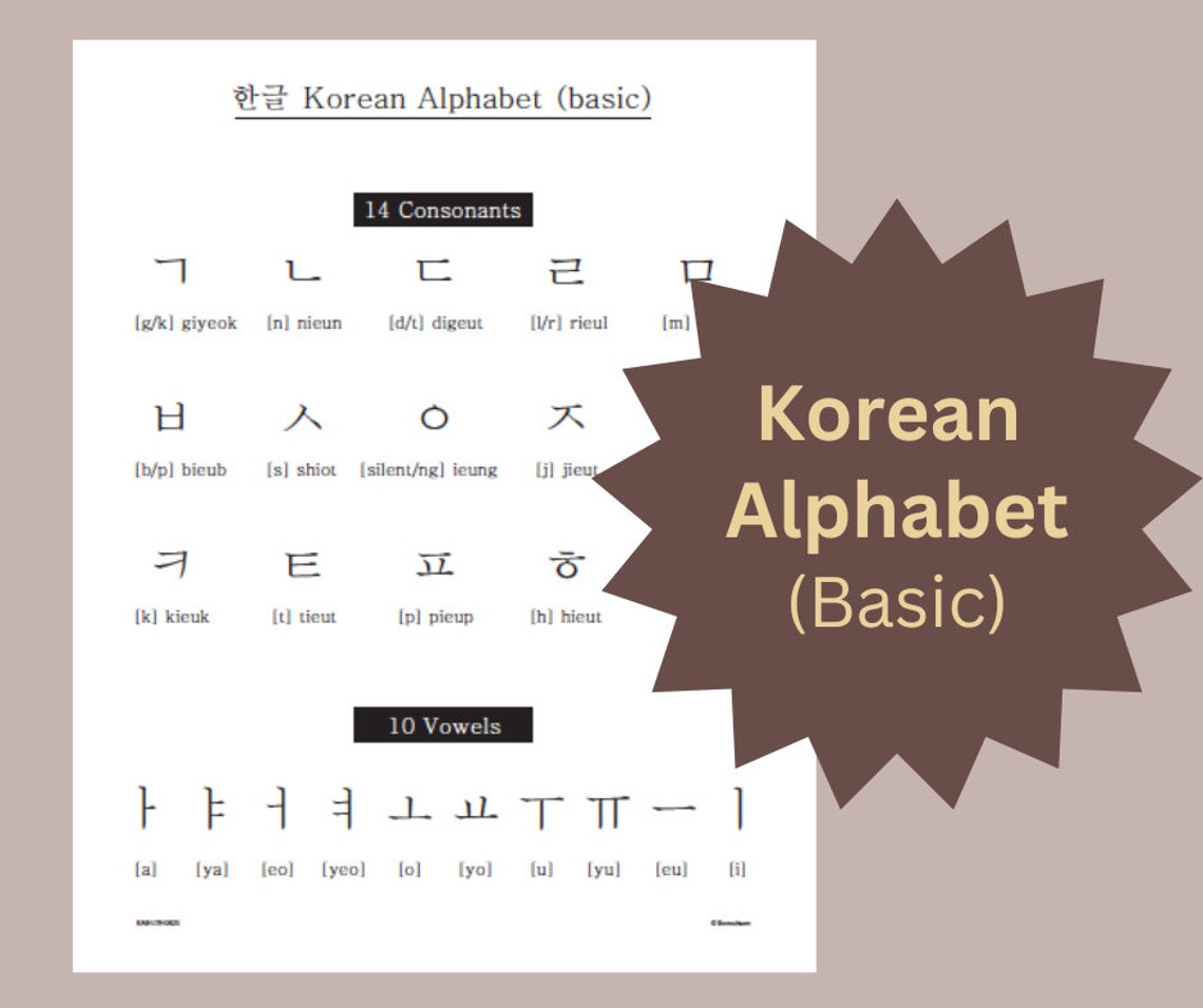 Basic Korean Alphabet Chart - Etsy