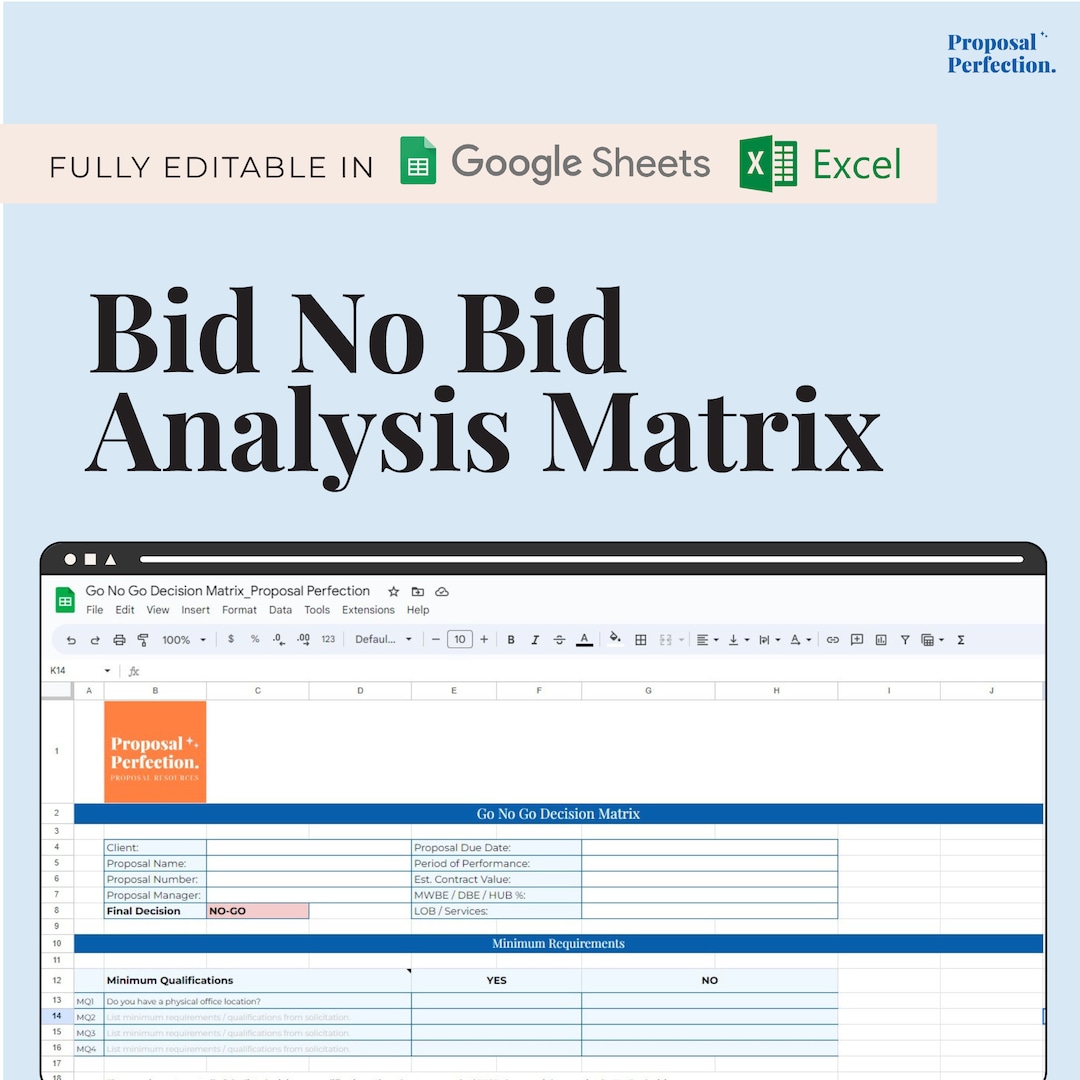 Bid No Bid Scored Proposal Analysis Matrix for Excel Google Sheets ...