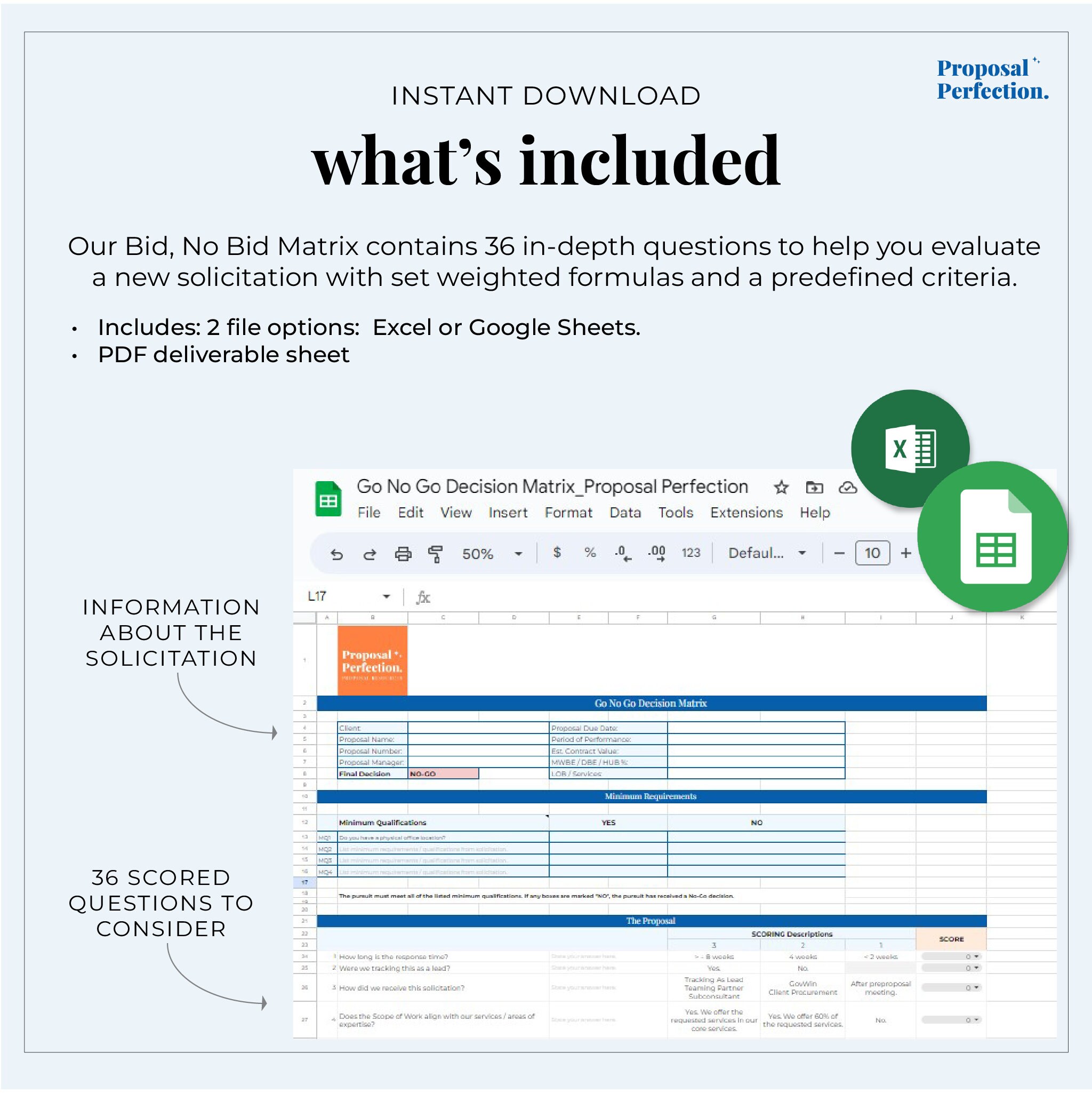 Go No Go Weighted Proposal Decision Matrix for Excel Google Sheets ...