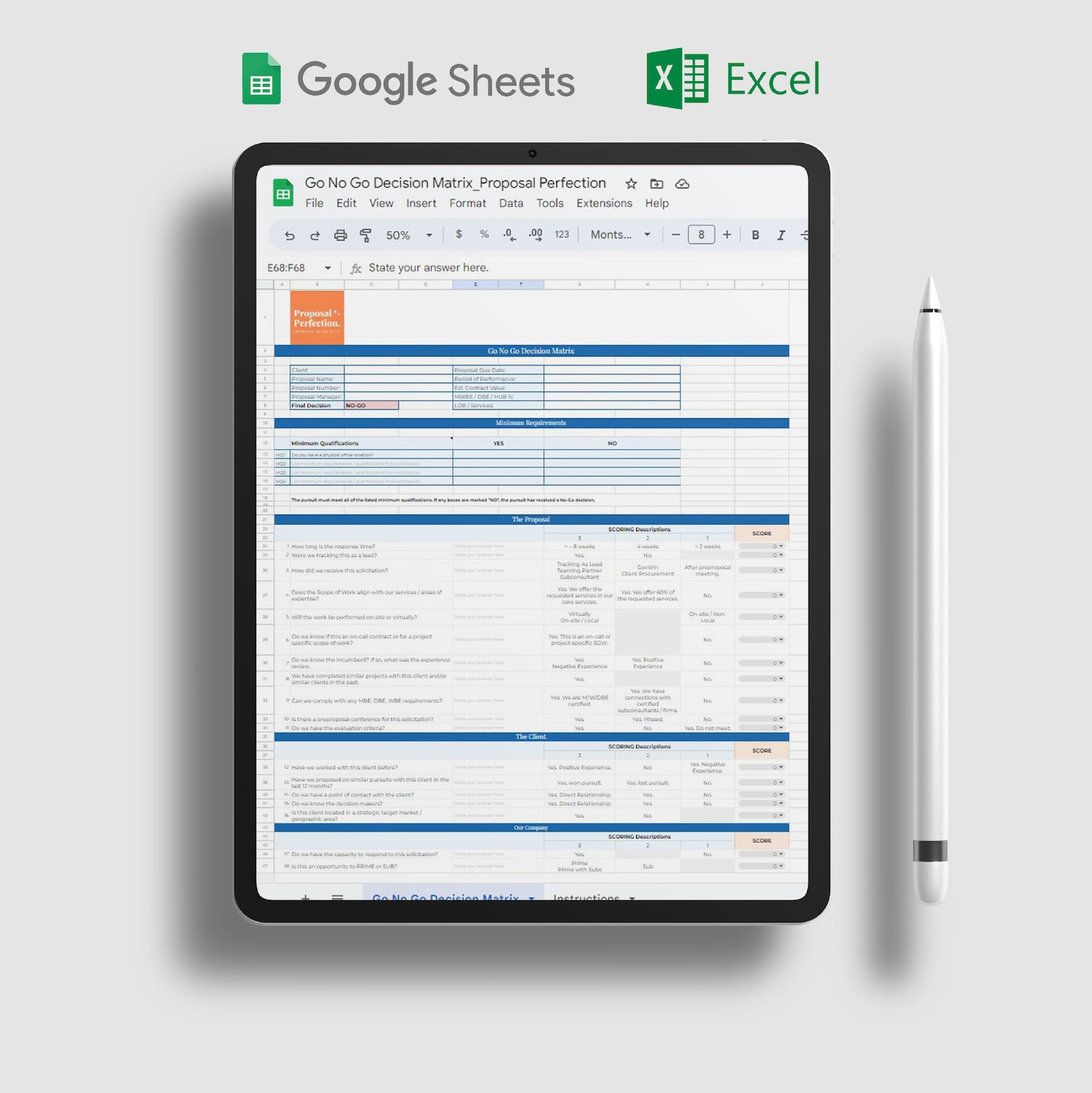 Go No Go Weighted Proposal Decision Matrix for Excel Google Sheets ...