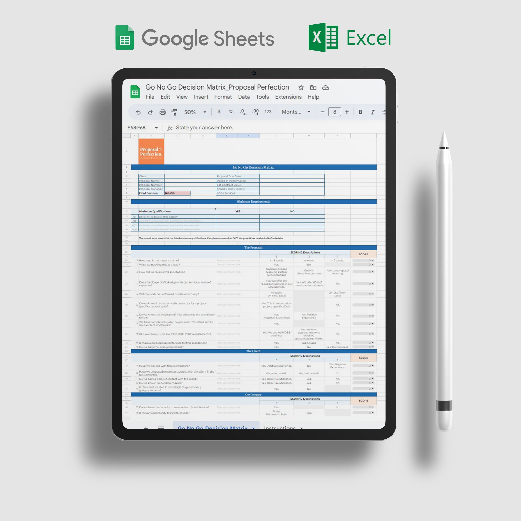 Go No Go Weighted Proposal Decision Matrix for Excel Google Sheets ...
