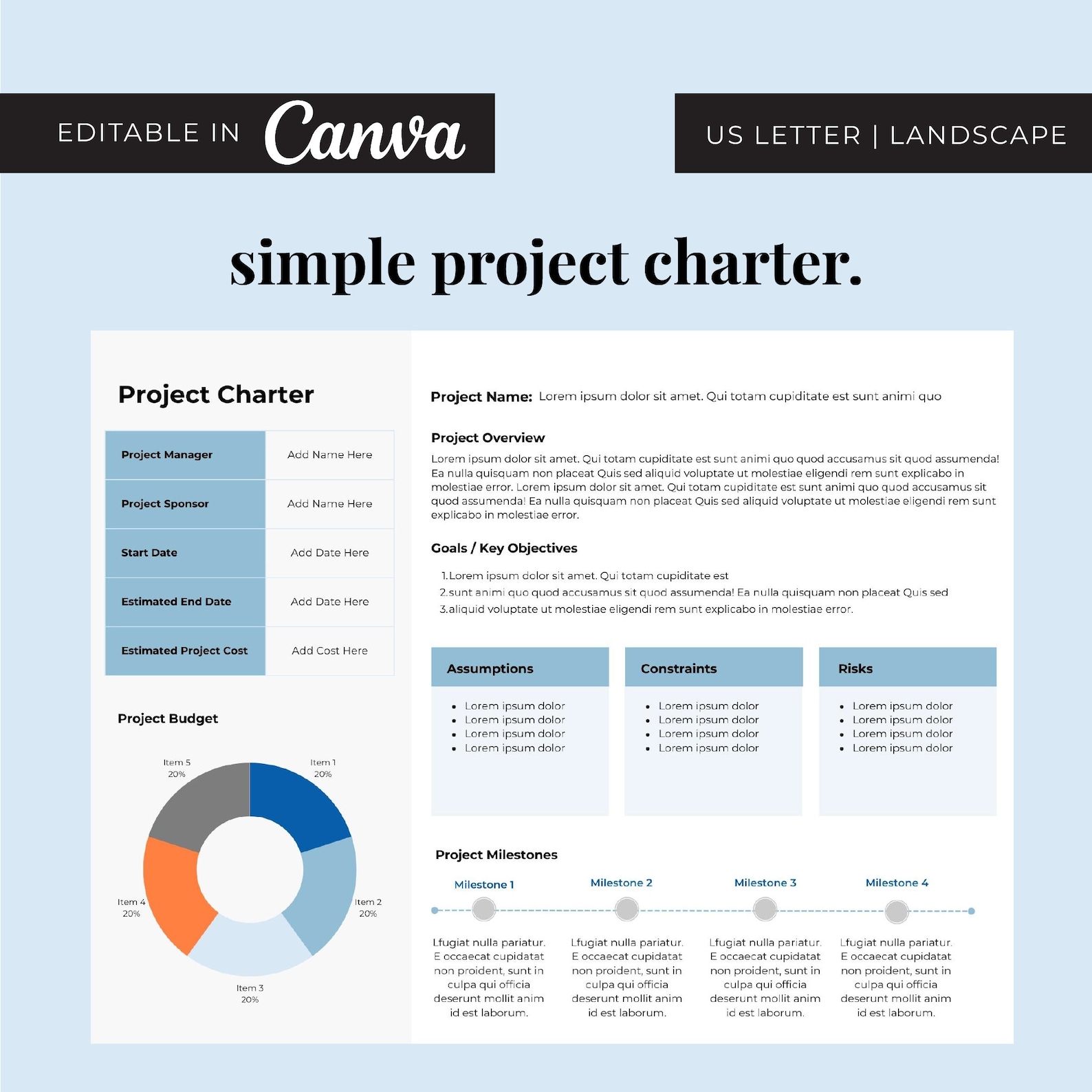 Professional Simple Project Charter Customizable Canva Template ...