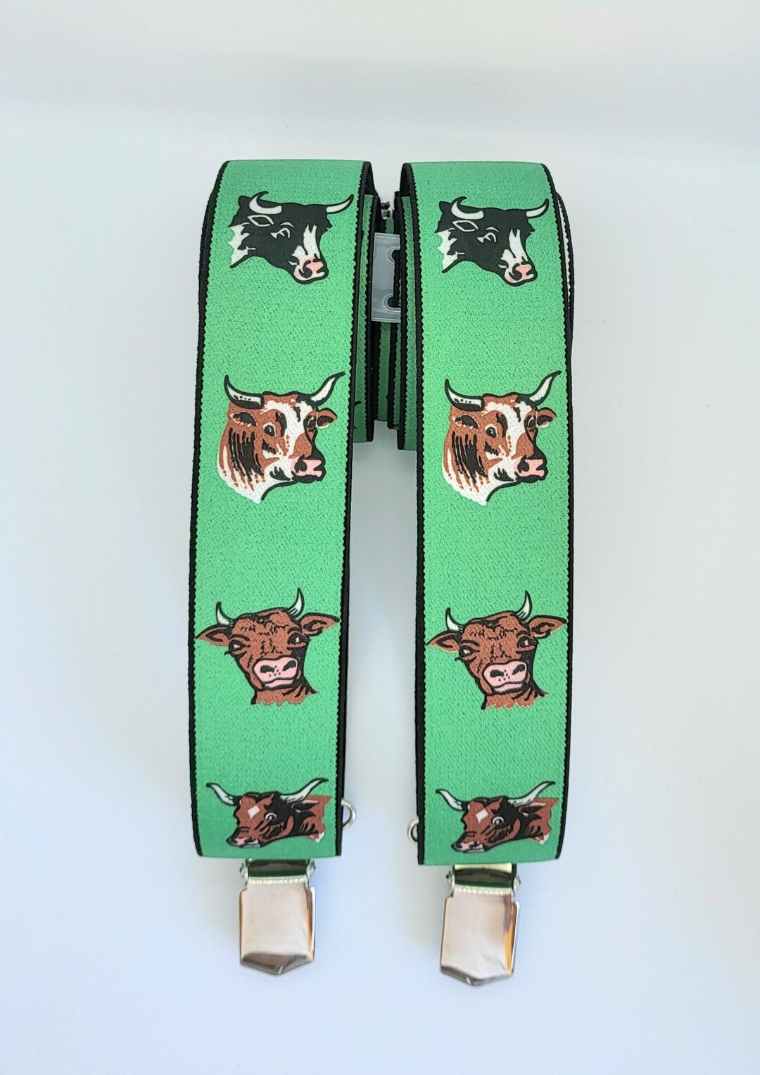 Suspenders 35 Mm Wide With Strong Clips, Green With Cow Design - Etsy