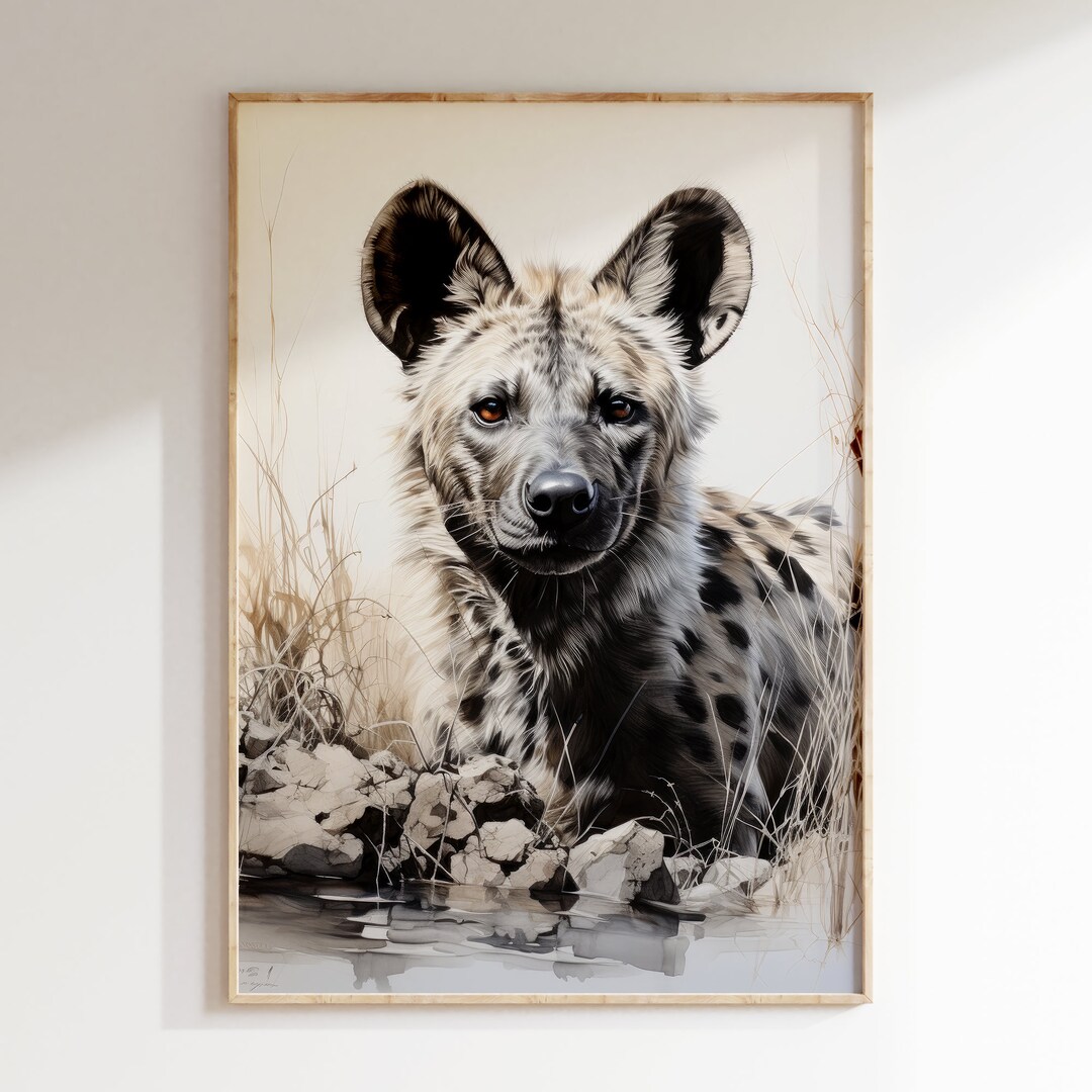 Vintage Hyena at Rocky Watering Hole Portrait | Mid Century Modern ...