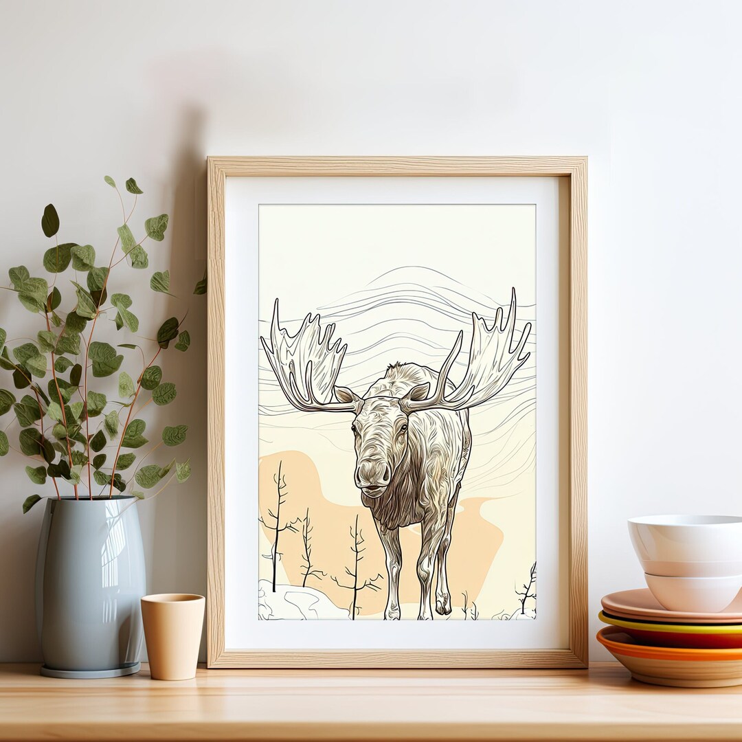 Vintage Moose Painting Featuring Large Moose Antlers | Moose Wall Art ...