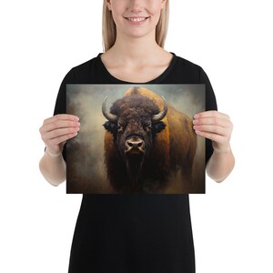 American Bison Stare: Vintage Buffalo Poster Art Print in Dark Hues ...