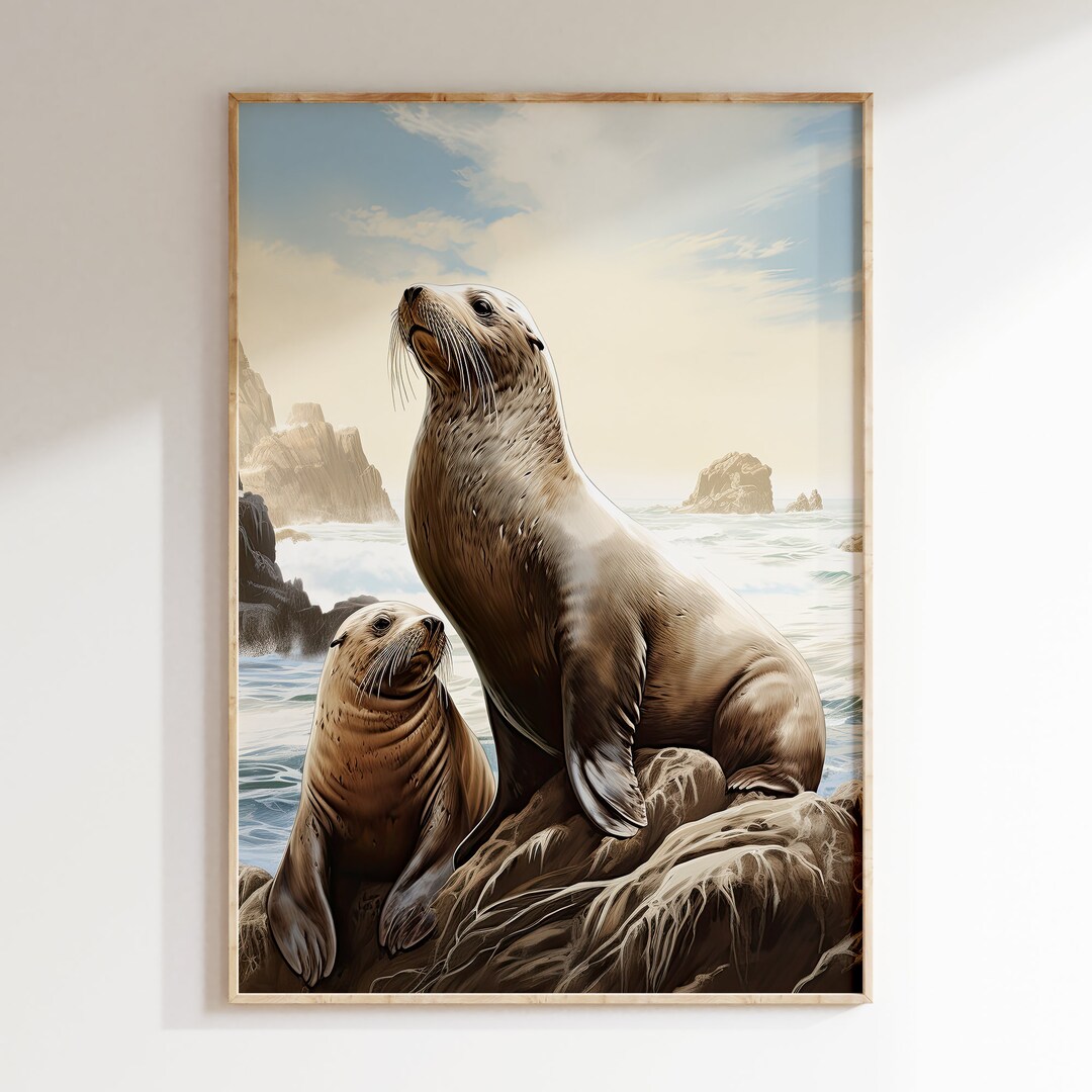 Sea Lions Seaside Portrait Vintage Color Art Print Mid - Etsy