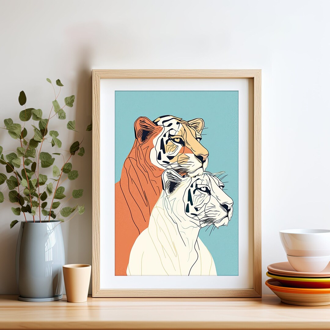 Boho Tiger Linie Kunst Illustration Tiger Duo Wand Kunst Tierdruck Für ...