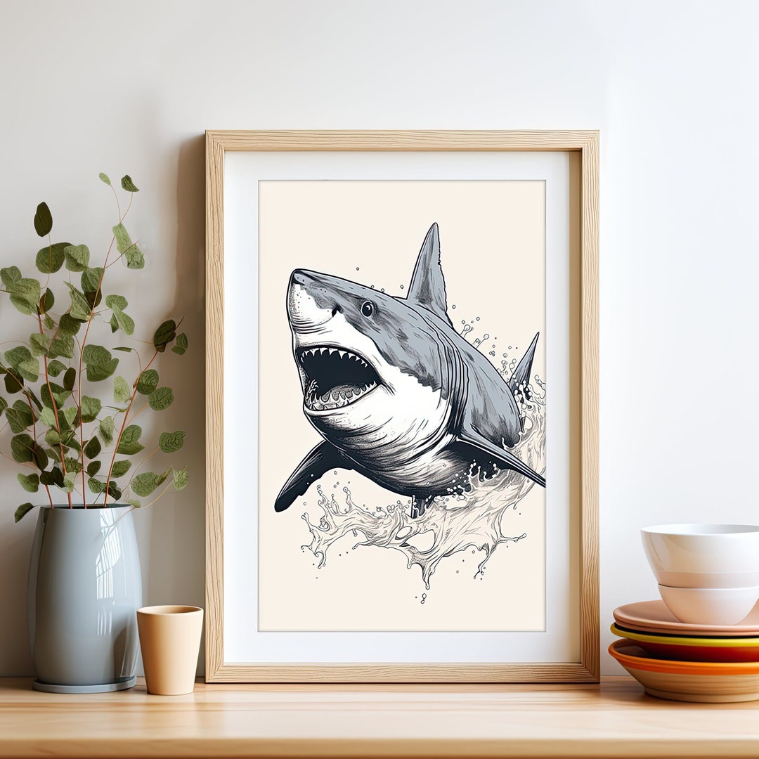 Majestic Great White Shark Minimalist Boho Illustration Marine Ocean ...