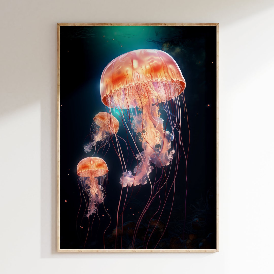Jellyfish Trio Lights up Ocean Portrait Vintage Color Art Print | Mid ...