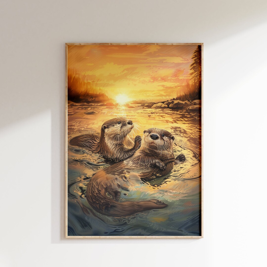 Otter Sunset Poster: Riverside Play at Golden Hour - Etsy
