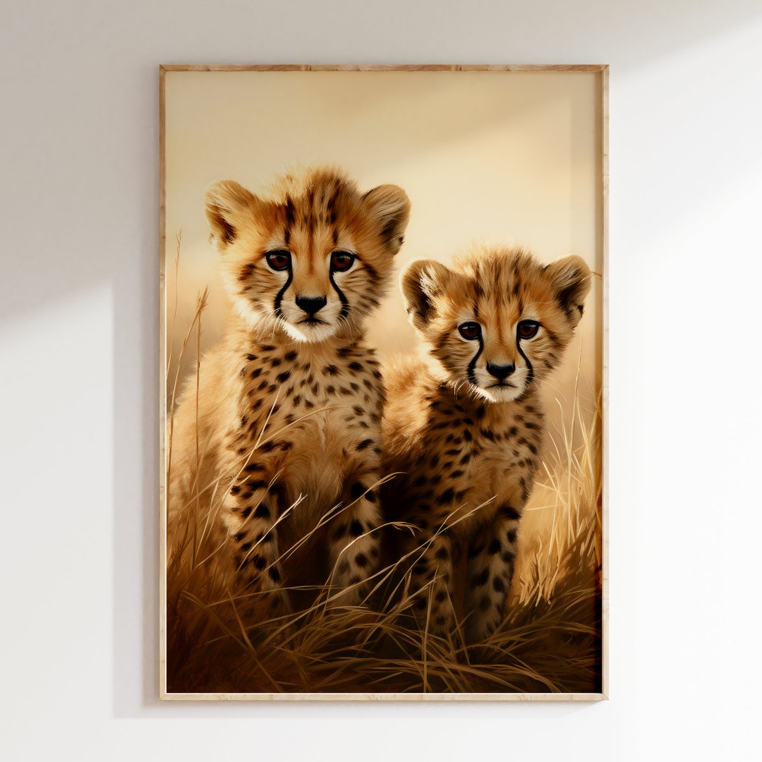 Golden Cheetah Cubs at Sunset Portrait Vintage Color Art Print | Mid ...