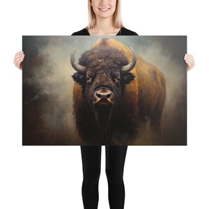 American Bison Stare: Vintage Buffalo Poster Art Print in Dark Hues ...