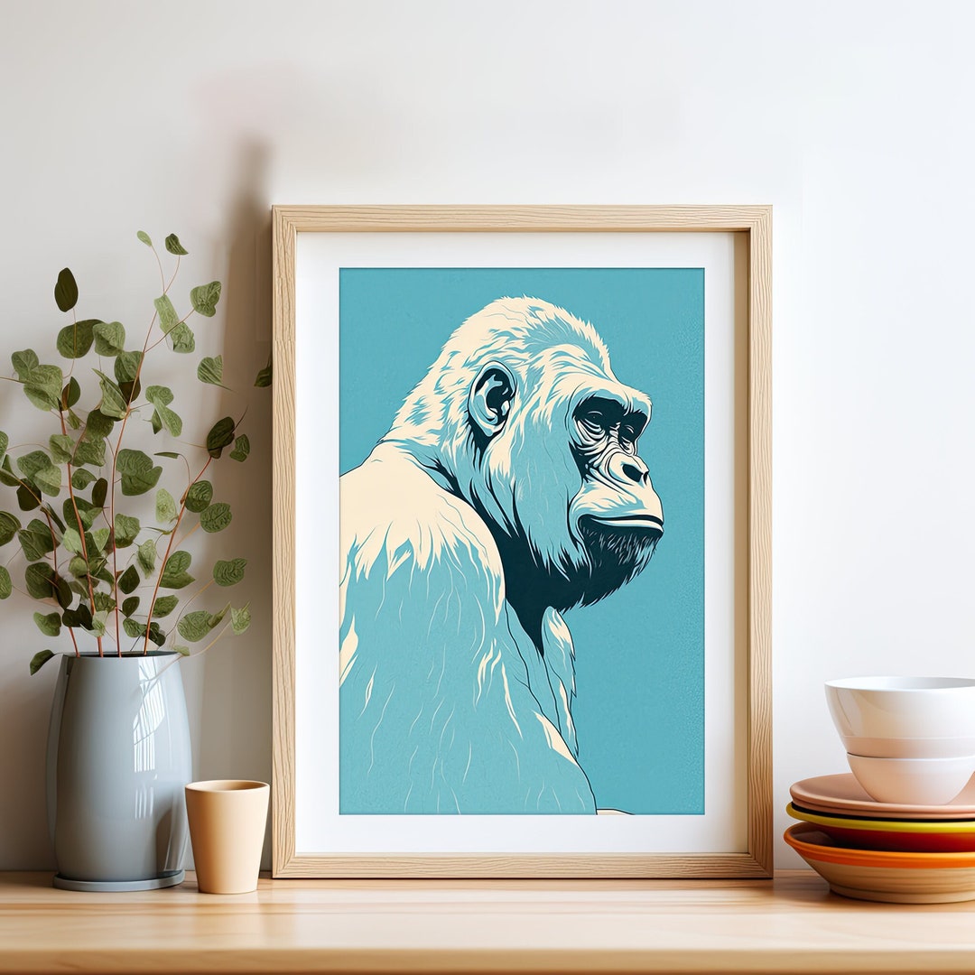 Gorilla Painting Vintage Blue Boho Pop Art | Gorilla Wall Art Animal ...