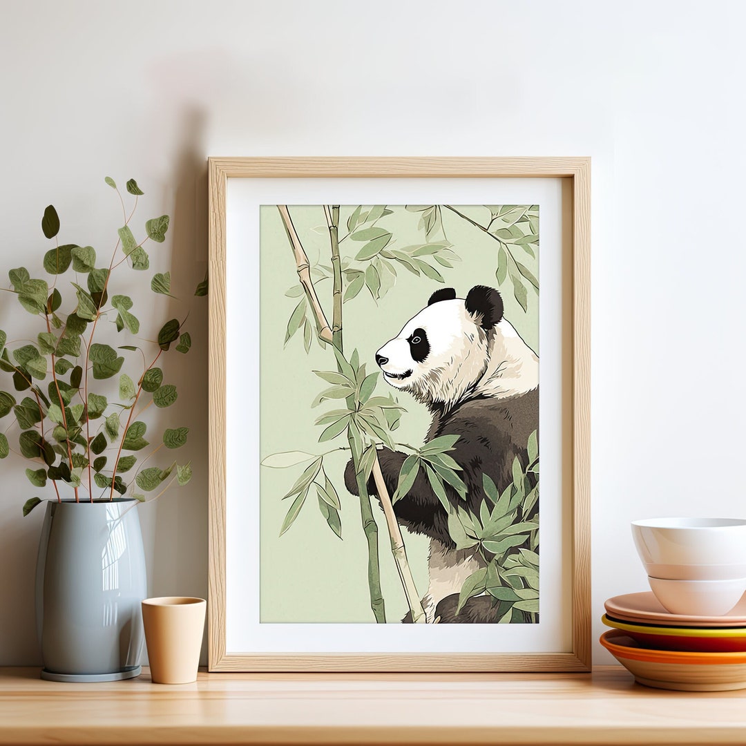 Panda Climbing Bamboo Tree Boho Chic Illustration | Panda Art Wall ...