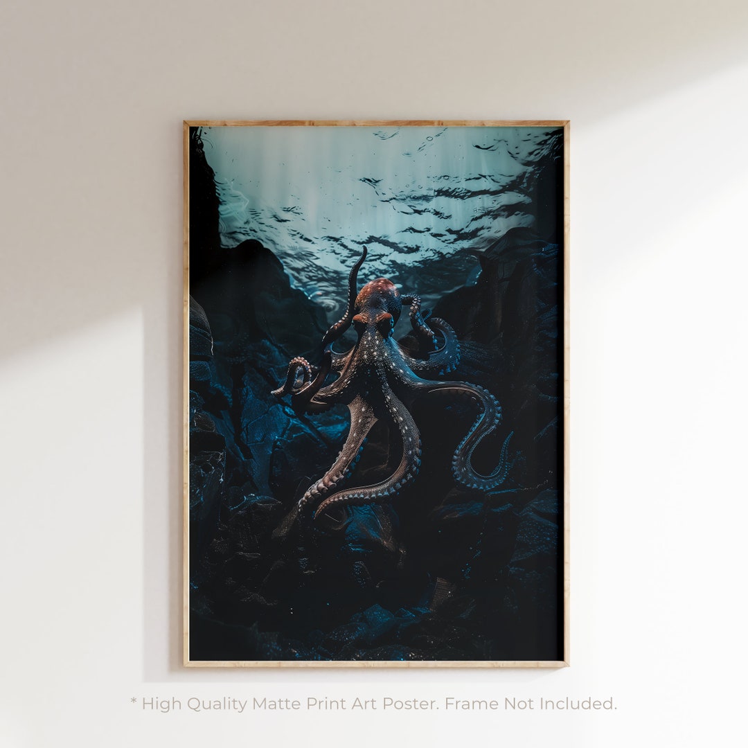 Octopus Poster: Abyssal Explorer Amidst Ocean Rocks - Etsy