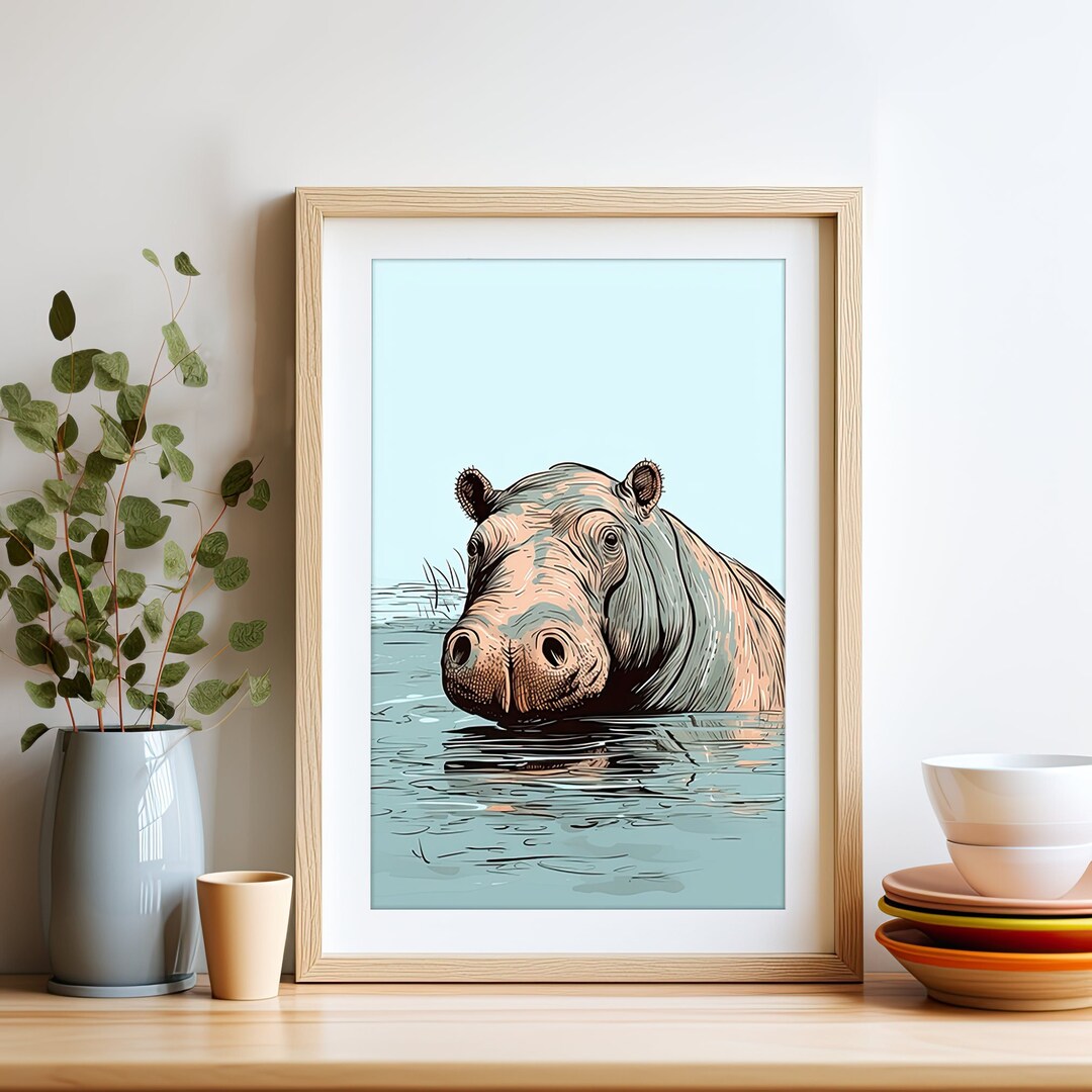 Hippo Boho Chic Illustration Jungle Safari Animal Wall Art Poster ...
