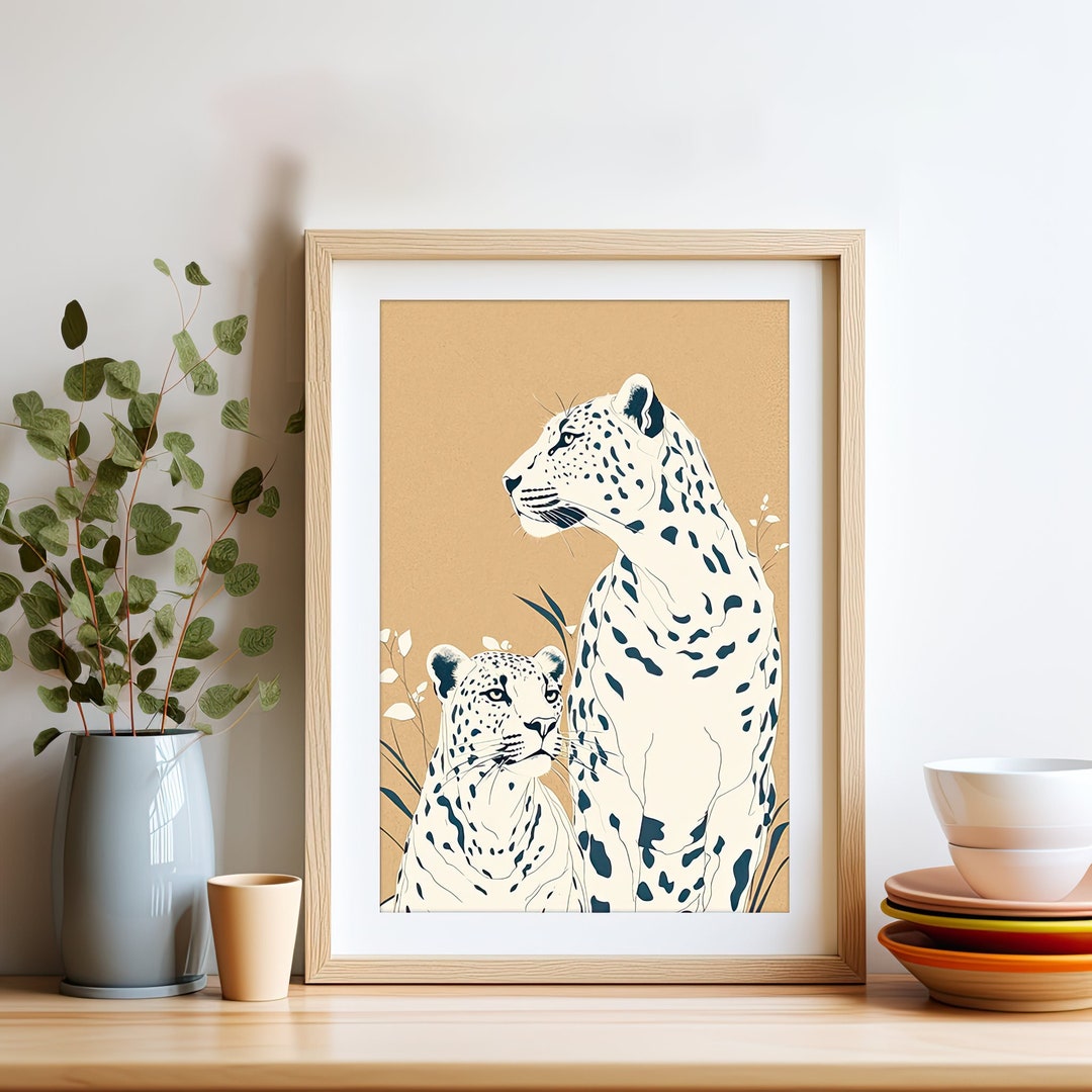 Leopard Wall Art Bohemian Duo Line Art Illustration | Leopard Art Print ...