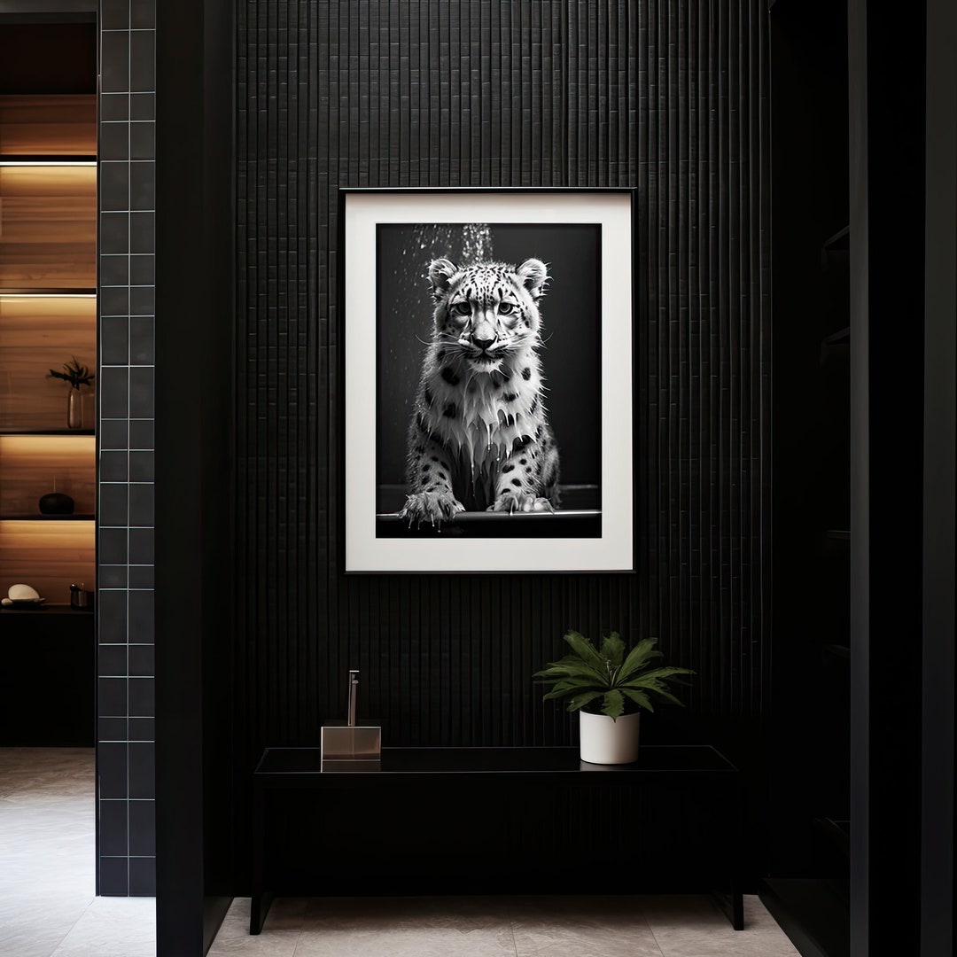 Snow Leopard B&W Cute Portrait in Steamy Shower Tub Wall Art | Snow ...