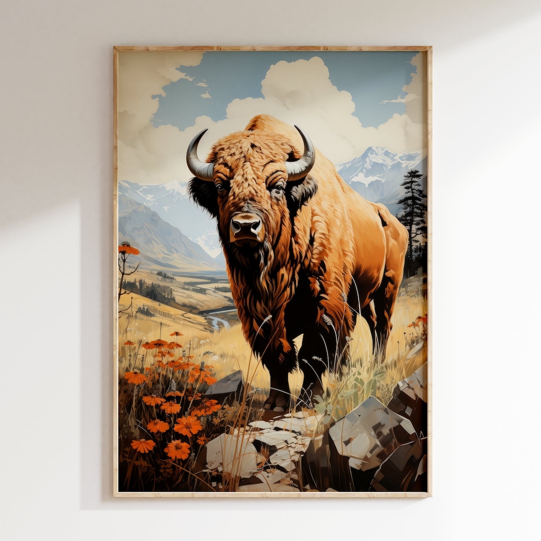 Amerikanischer Bison im Tal übersehen Porträt Vintage Farbe Kunstdruck ...