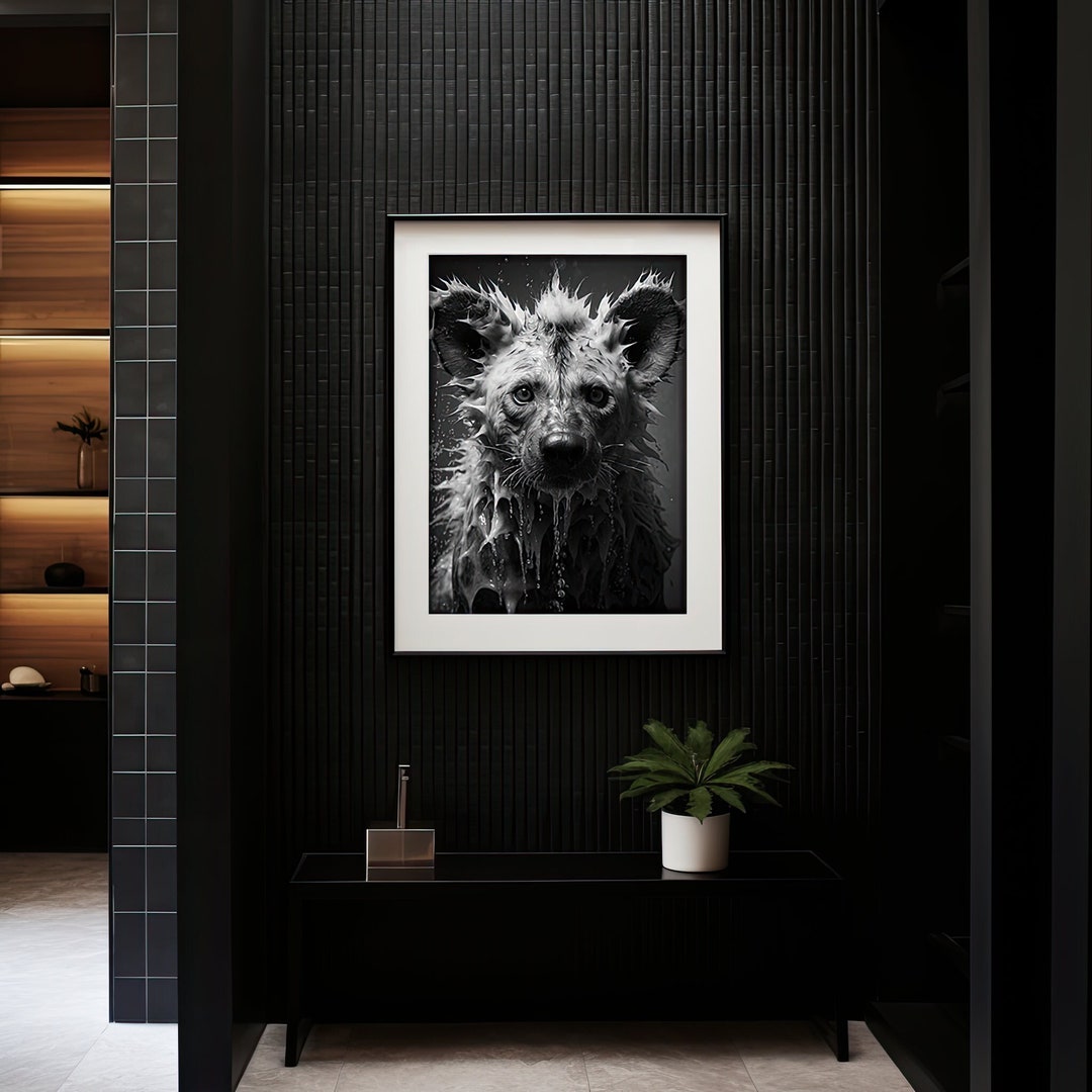 Hyena B&W Cute Portrait in Steamy Shower Tub Wall Art | Hyena Photo ...