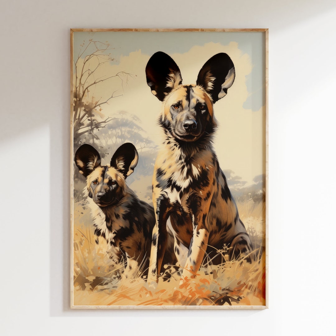Wild Dogs Relax in the Savanna Portrait Vintage Color Art Print | Mid ...