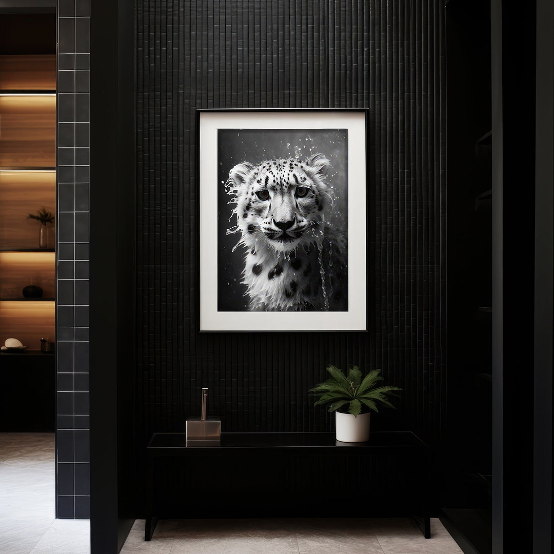 Snow Leopard Black and White Portrait in Steamy Shower Tub Wall Art ...