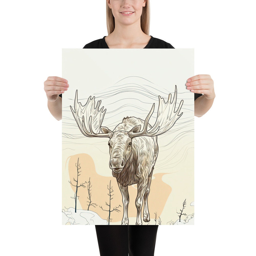Vintage Moose Painting Featuring Large Moose Antlers Moose Wall Art ...